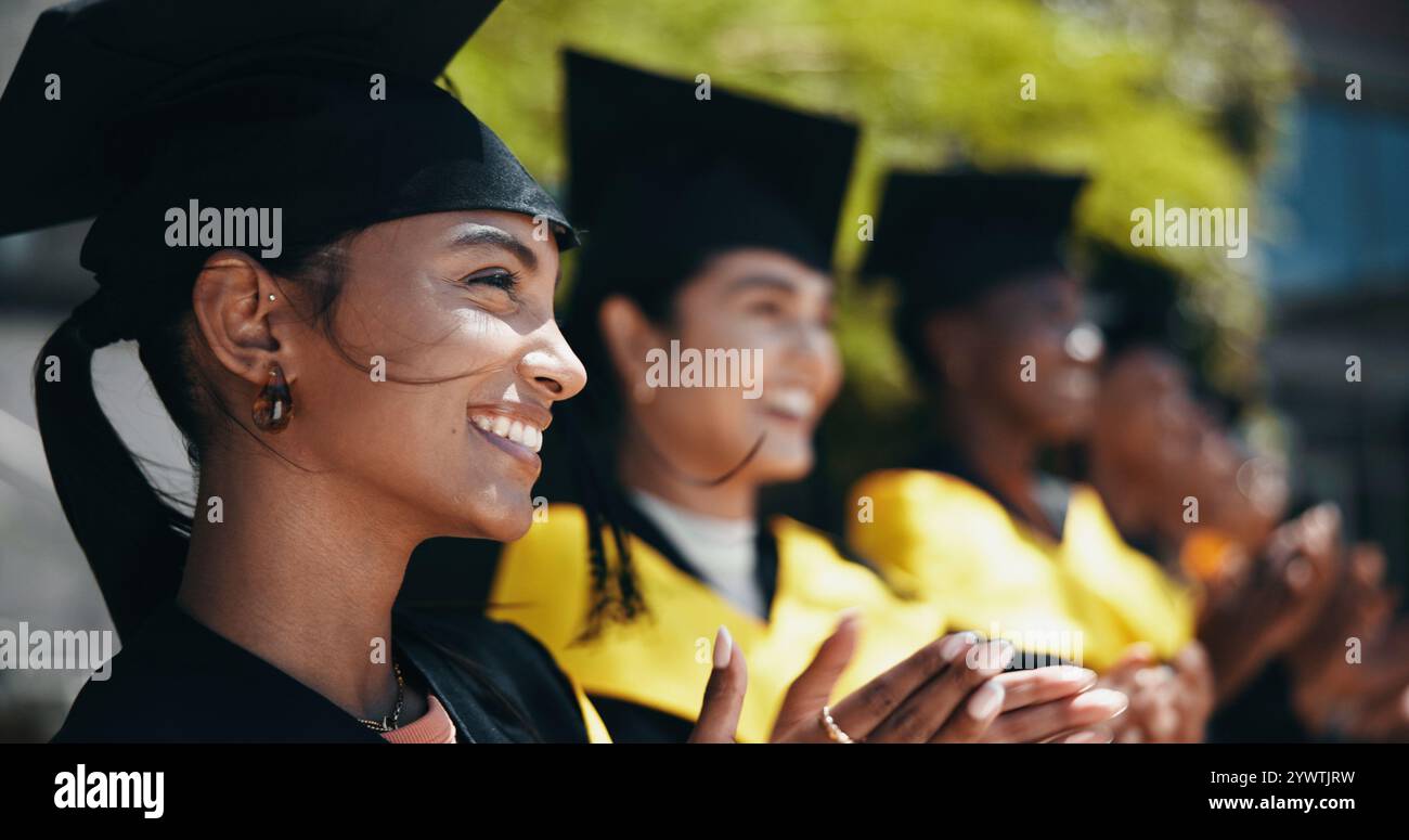 Woman, students and applause at university for graduation, peer support ...