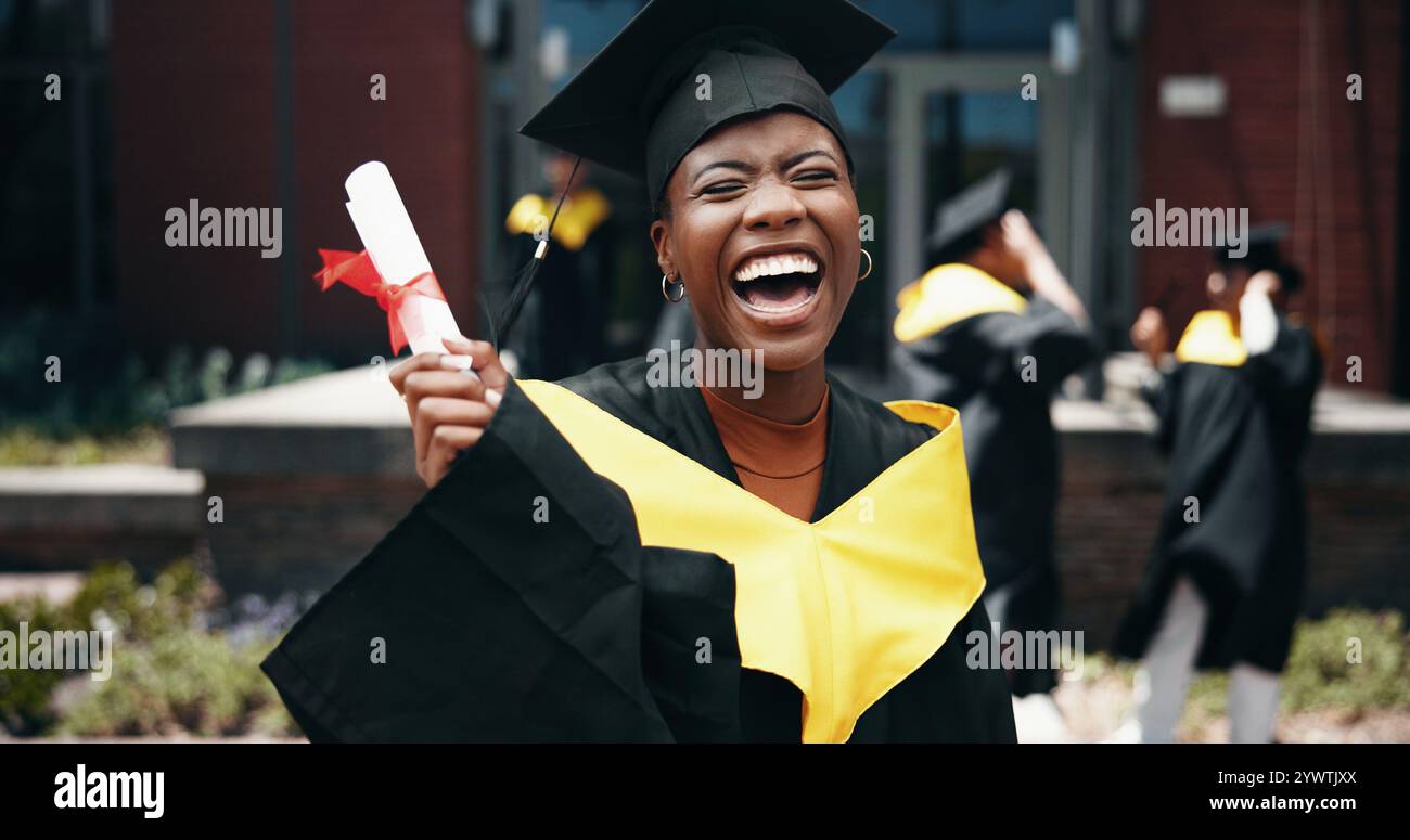 Graduation, celebration and woman with degree, excited and happy for ...