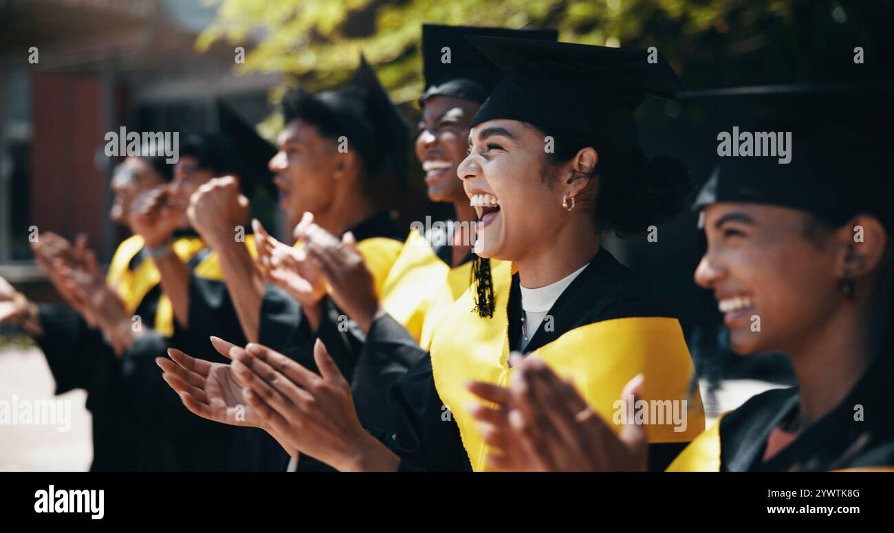 Students, excited and applause at university for graduation, peer ...
