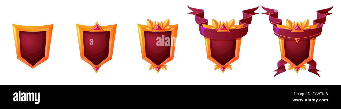 Gold game rank icon for level medal vector set. Achievement shield badge for insignia trophy and ...