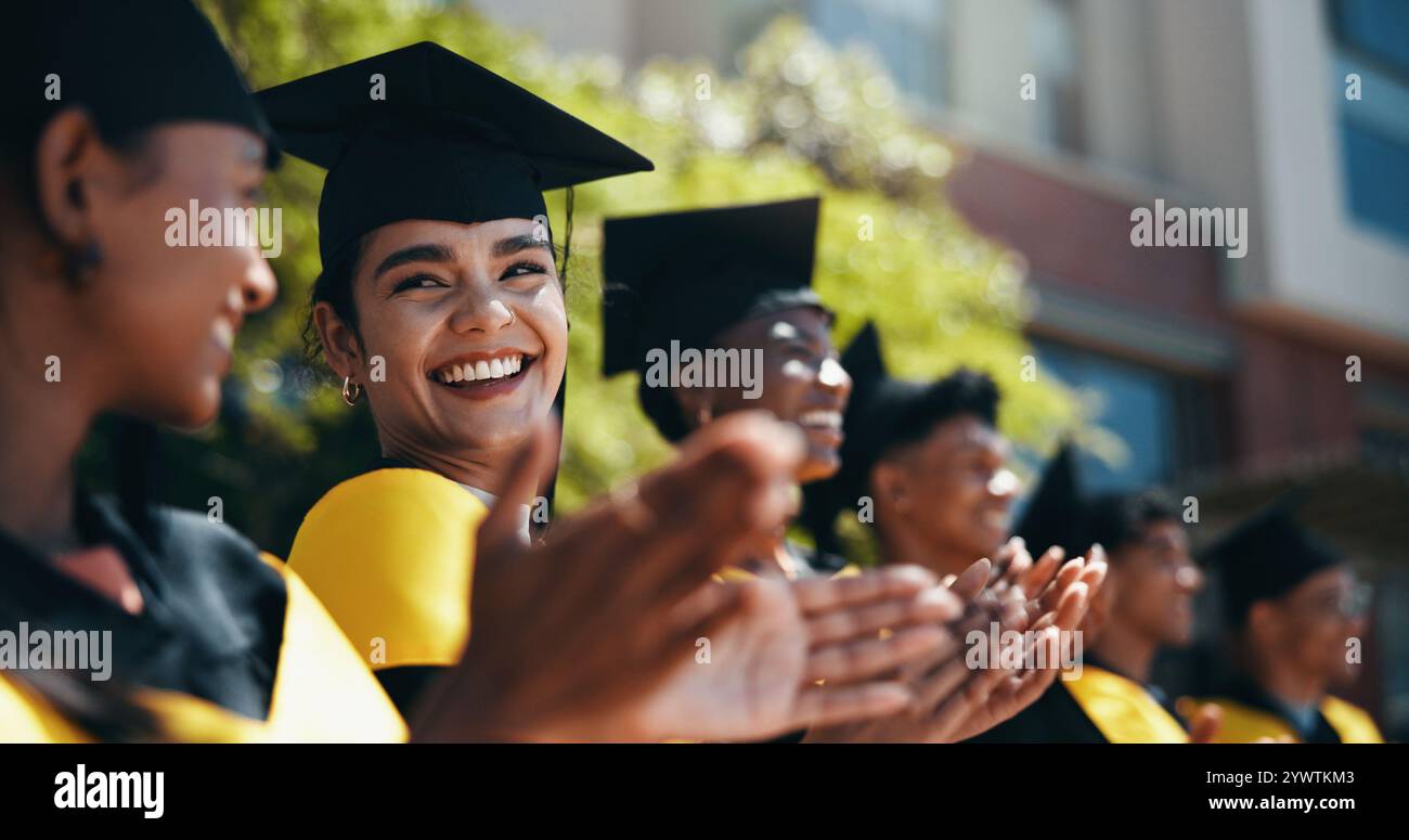 People, students and applause at university for graduation, peer ...