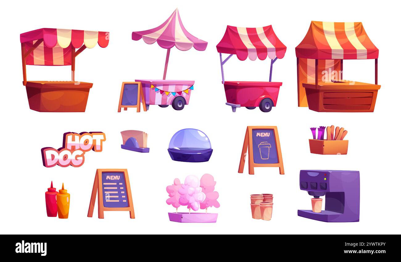 Street food market stalls and equipment set - striped awning carts ...