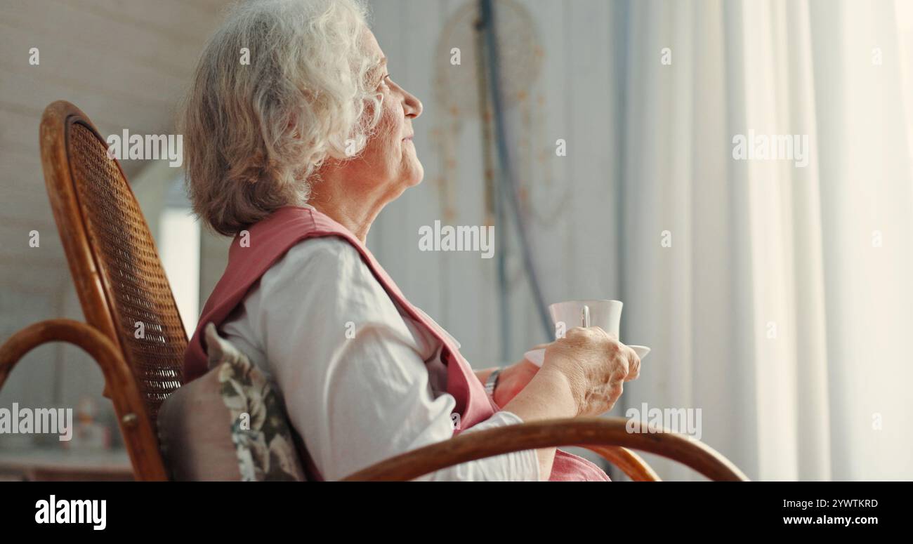 Tea cup, senior woman and thinking with relax, hydration and nutrition ...