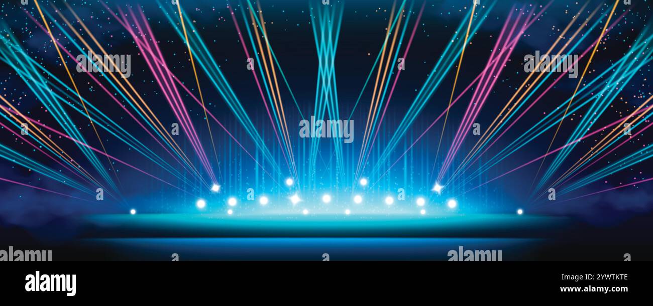 Stage lighting spectacular scene - bright luminous spotlights row on ...