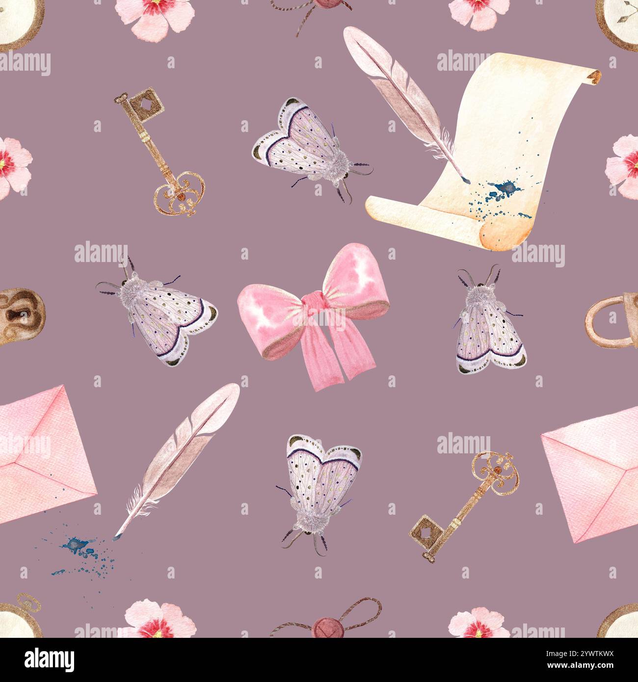 Antique key, a parchment, a quill and an envelope, ribbon watercolor ...