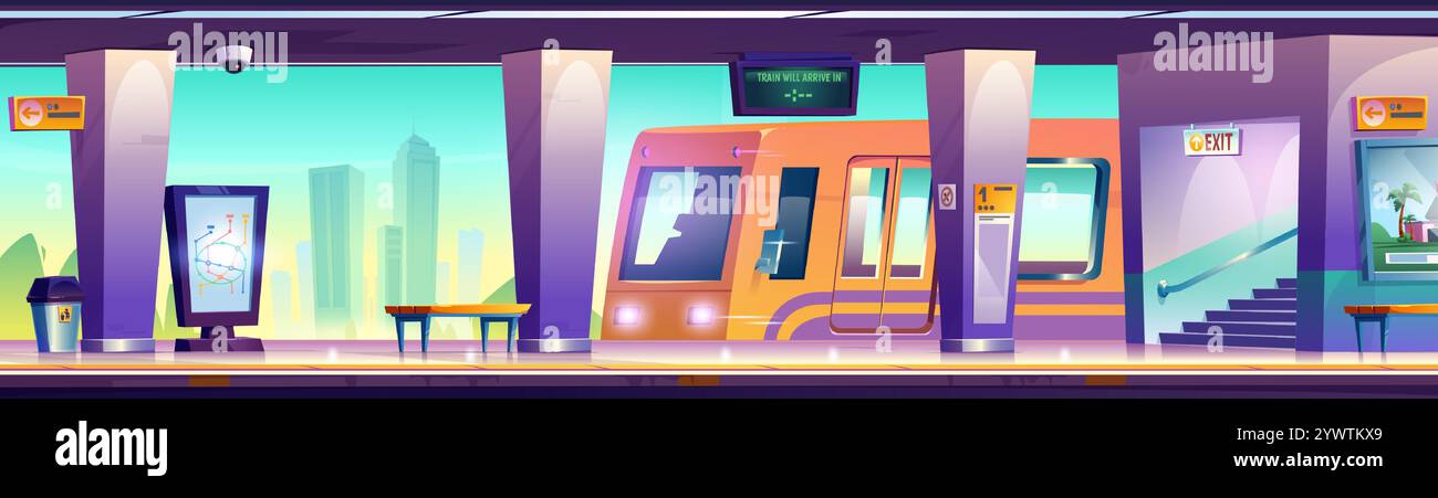 Metro station platform with arriving train on cityscape backdrop ...