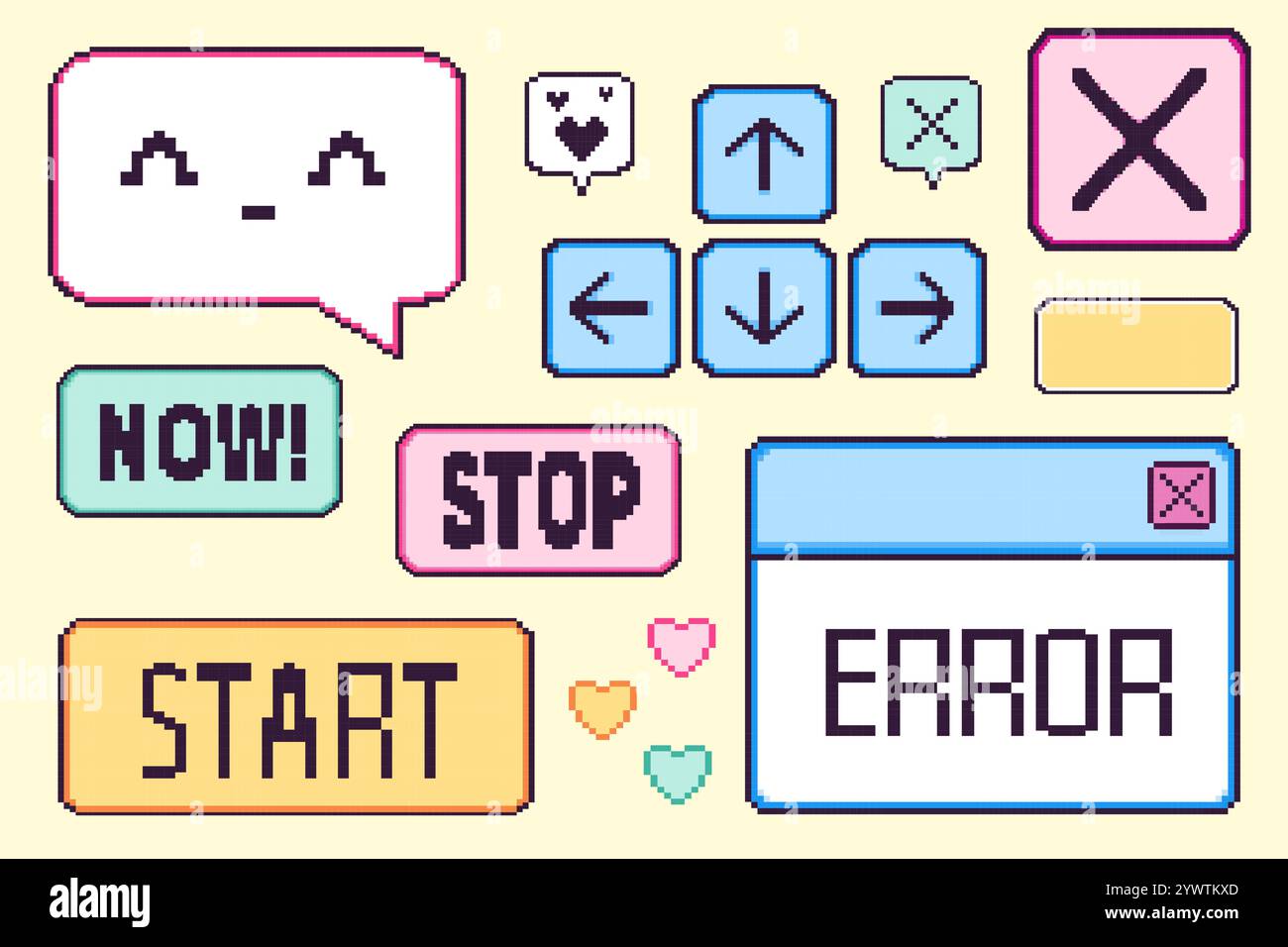 Pixel game interface elements set - navigation arrows, start buttons, error message, speech ...