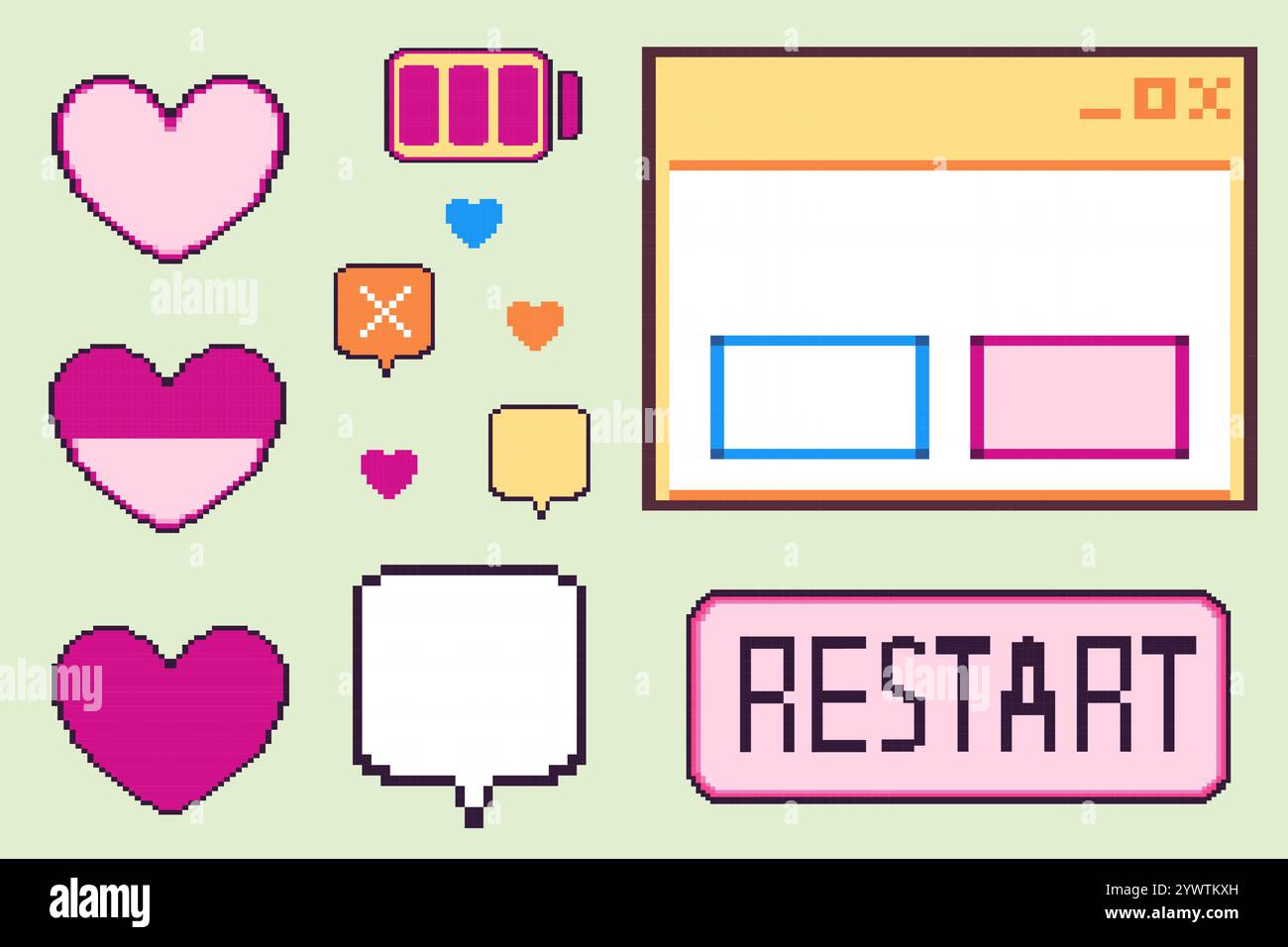 Pixel art game UI collection - hearts in different sizes, battery ...