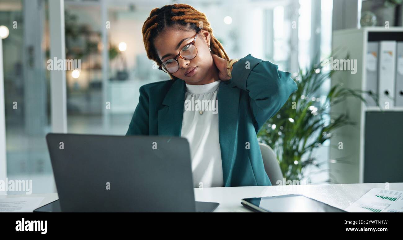 Black woman, neck stress and laptop in office, muscle sprain and ...