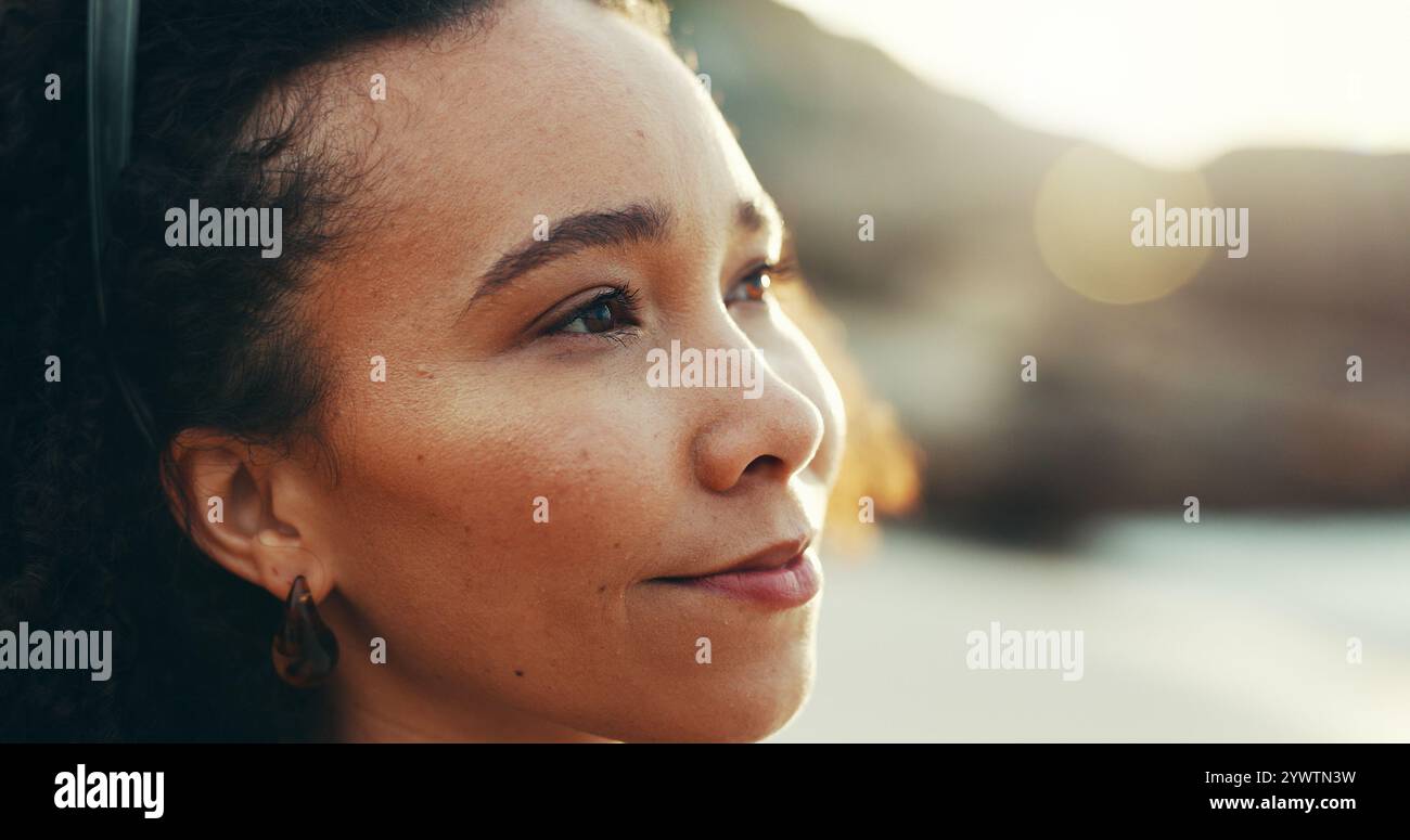 Happy woman, face and thinking with fresh air for beach, vacation or ...