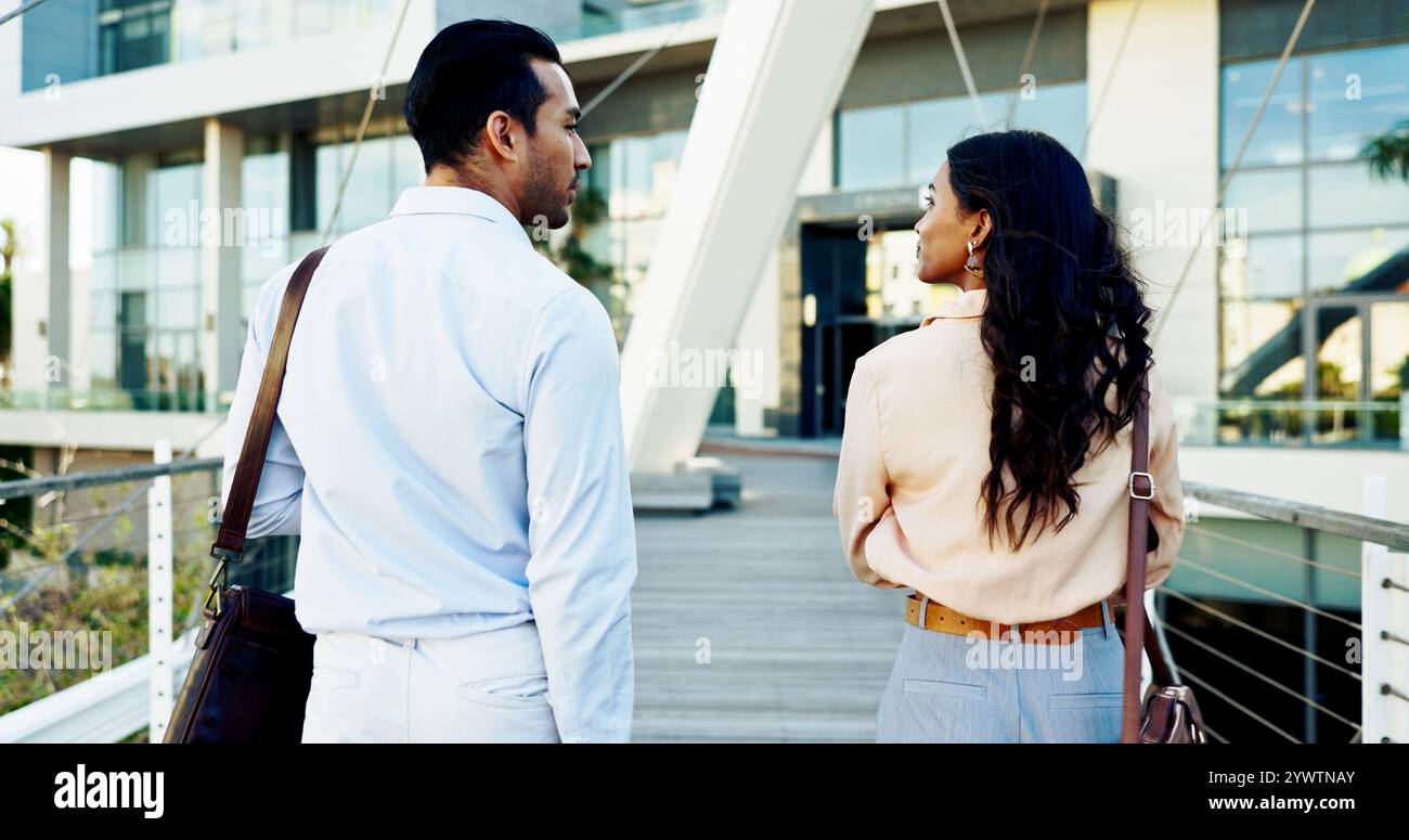 Outdoor, business people and walking to office with conversation ...