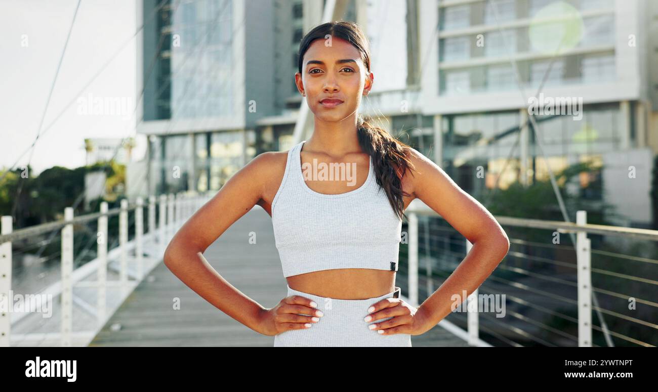 Portrait, training and woman in city, runner and urban town with ...