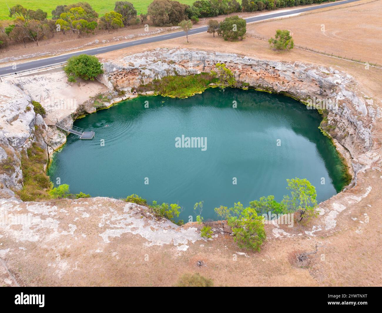 Aerial view of a lake in a limestone sinkhole at Mount Schank in South ...