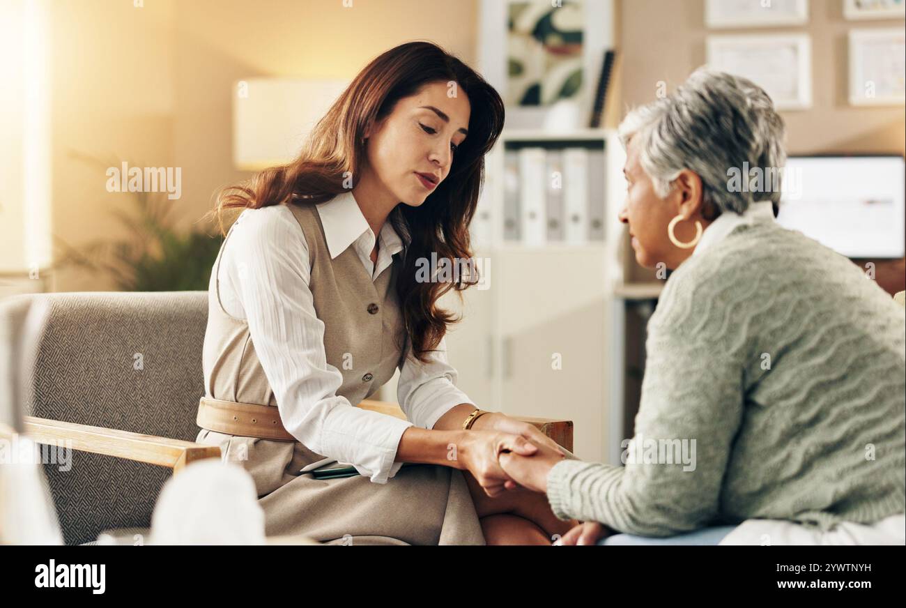 Therapist, woman and holding hands for support, help and empathy for ... Therapist, woman and holding hands for support, help and empathy for ...