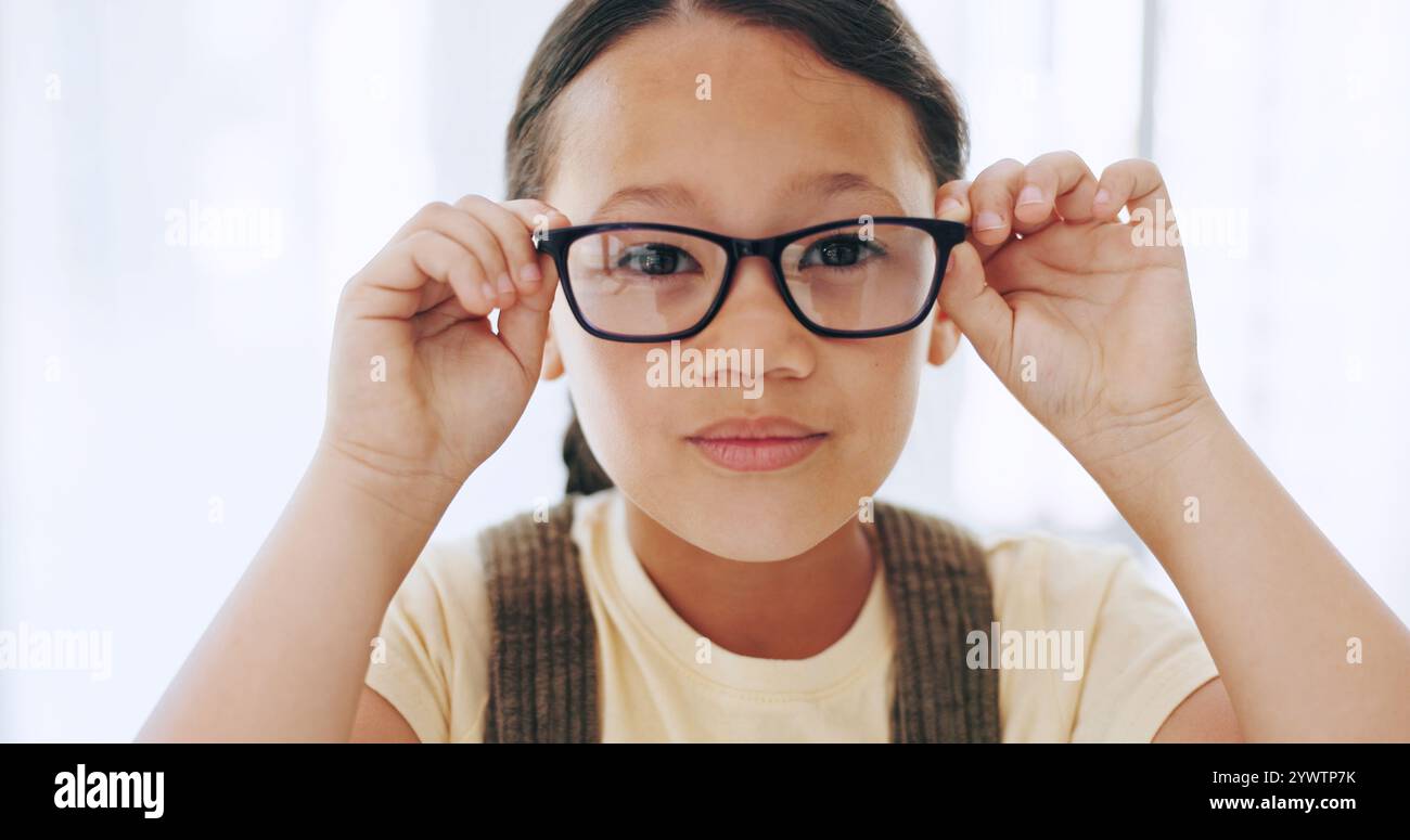 Girl, child and shopping glasses in store for prescription lens, optic ...