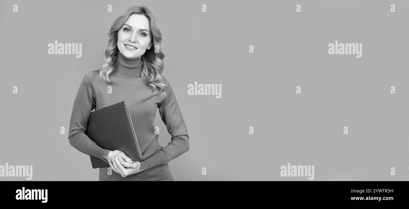 Woman portrait, isolated header banner with copy space. modern wireless ...