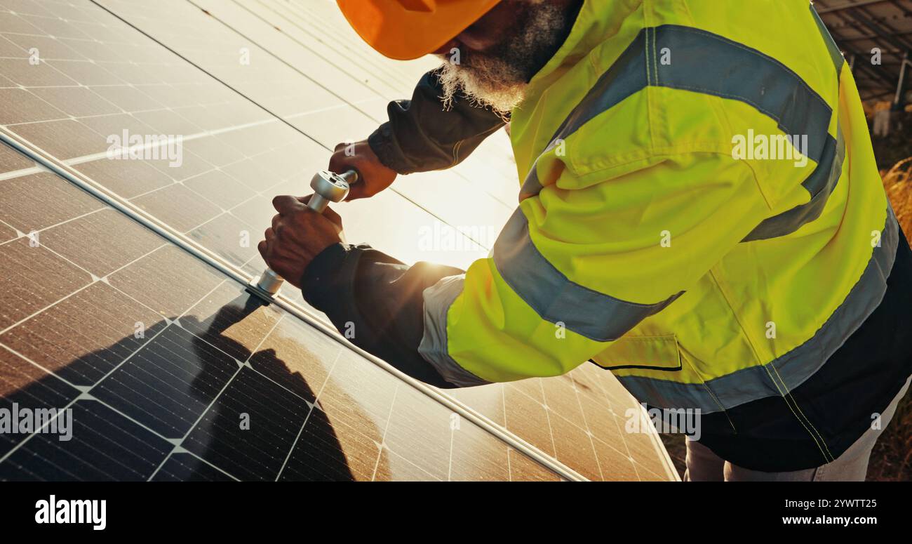 Engineering, solar panel and man with tools, clean energy and safety ...