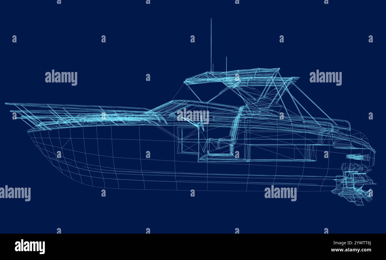 Motor Boat Wireframe From Blue Lines Isolated On Dark Background Side View 3d Vector