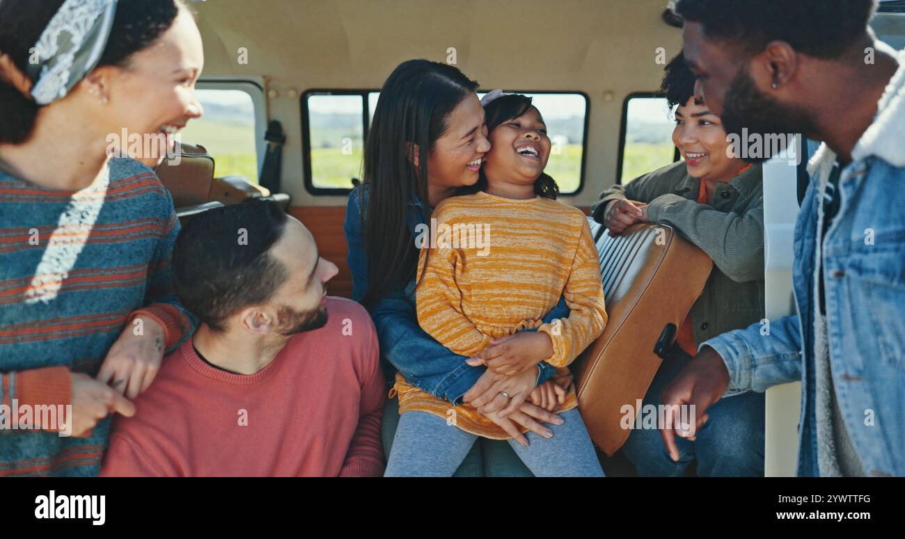 Happy, road trip and van with friends, family and love for fun journey ...