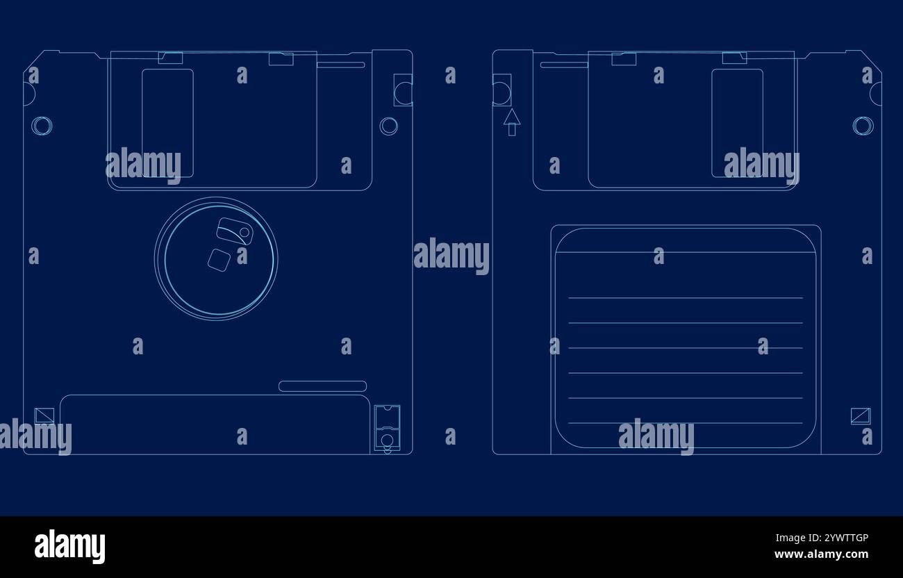Detailed Outline Floppy Disk Retro Object Isolated On Blue Vector Illustration Stock Vector