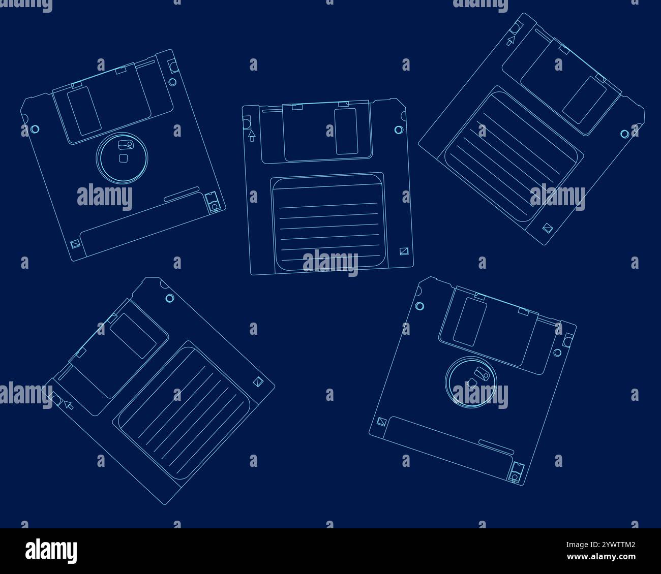 Detailed Outline Floppy Disk Retro Object Isolated On Blue Vector Illustration Stock Vector