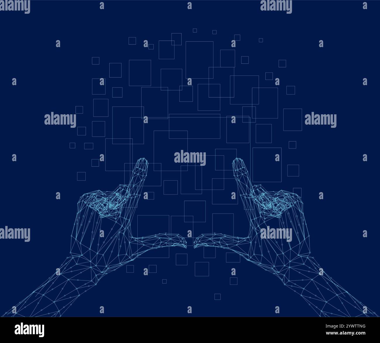 Two human hands. Wireframe glowing low poly hands. Design on dark blue background. Abstract ...