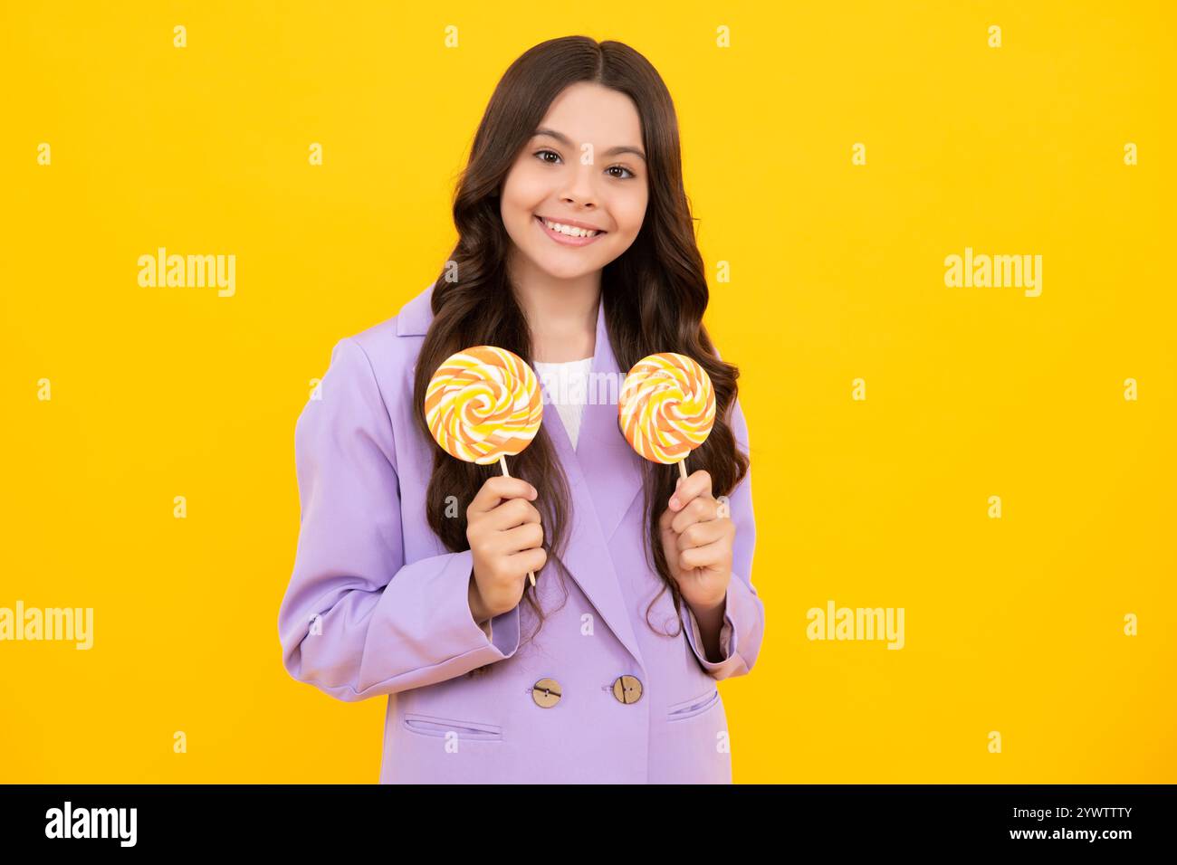 Teenager girl with caramel candies on sticks, sweet sugar addiction ...