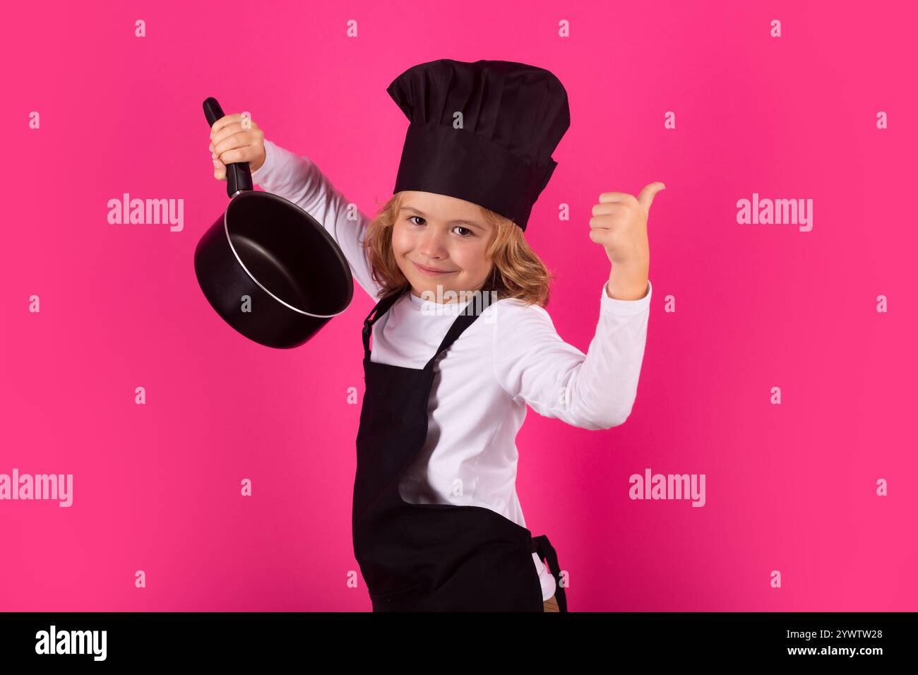 Child chef cook with cooking pot. Child cooking, little chef prepares ...