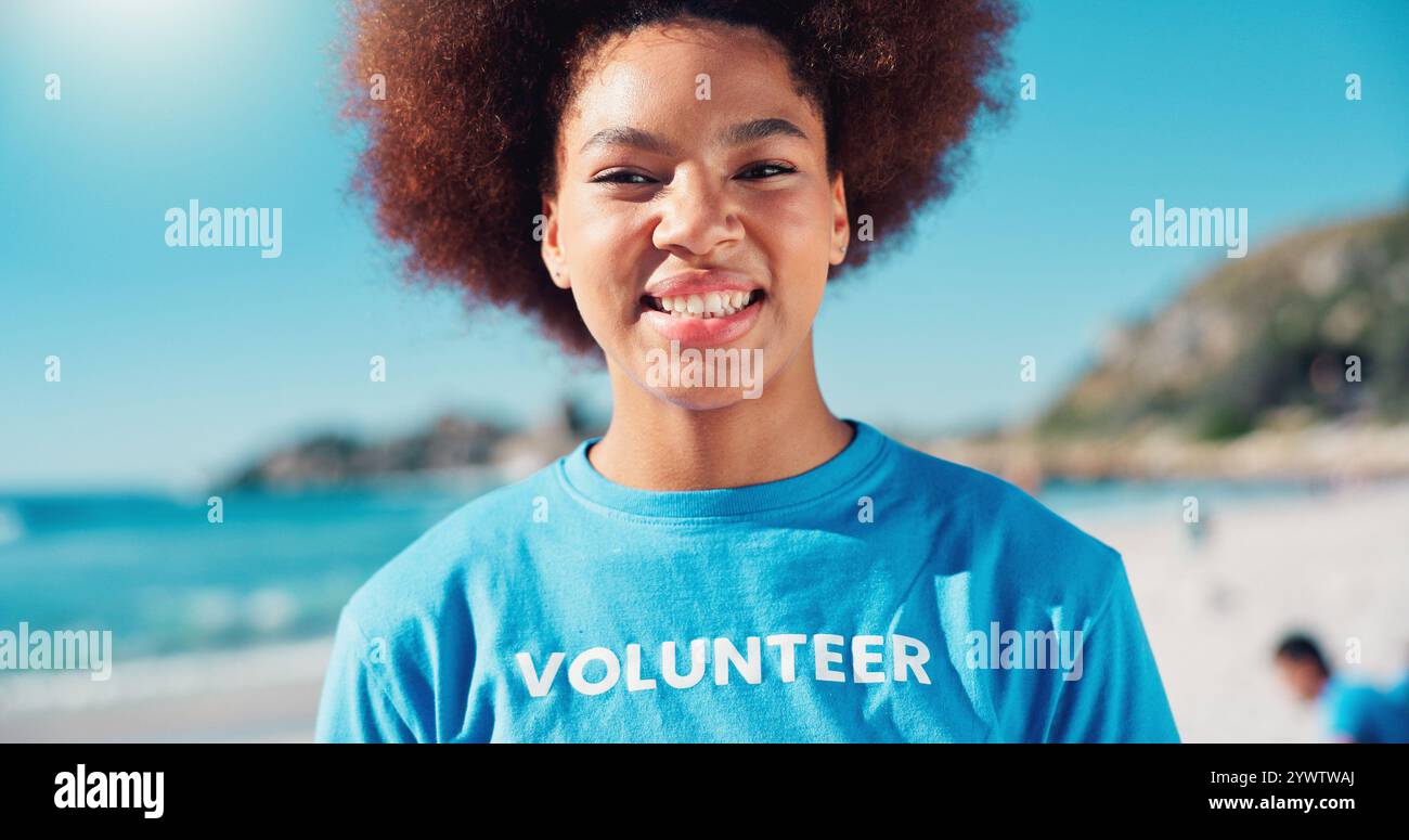 Volunteer, happy and portrait of African woman on beach for cleaning ...