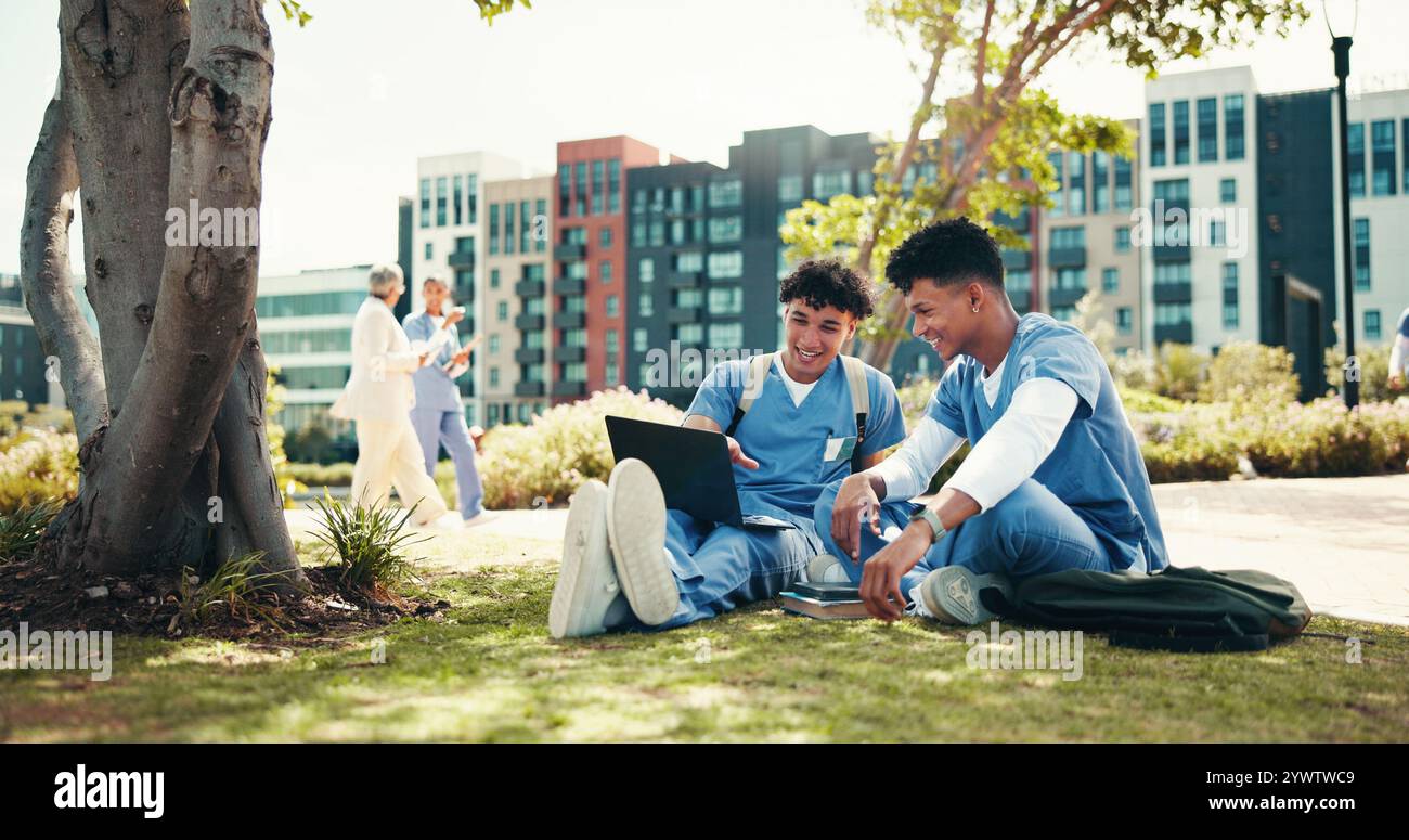 Medical student, internship and laptop with people in outdoor for ...