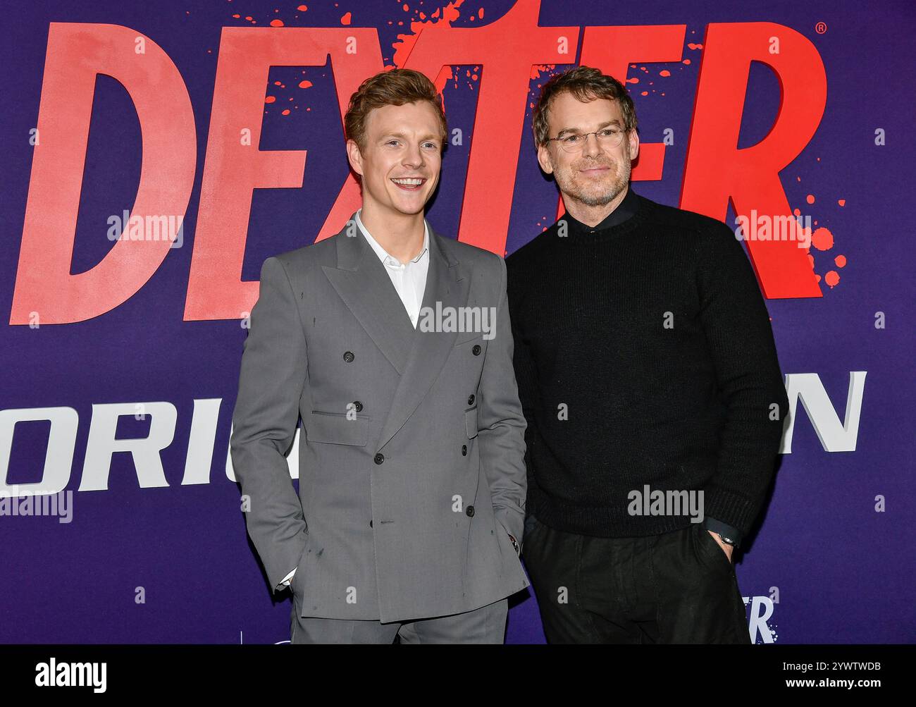 Patrick Gibson, left, and Michael C. Hall attend the premiere of the ...