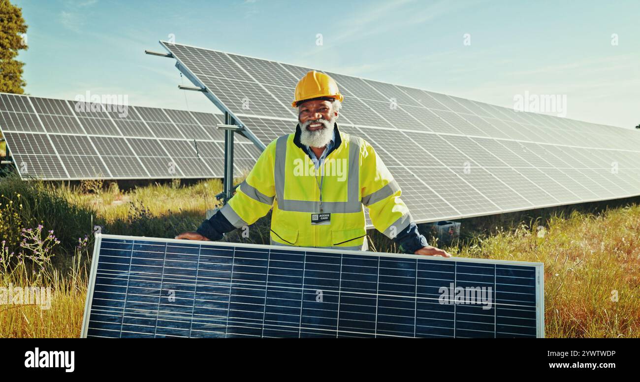 Black man, portrait and solar panel worker at farm, energy saving and ...