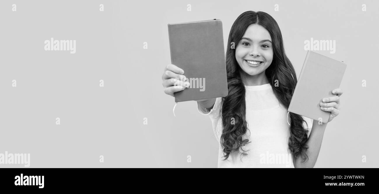 smiling school child ready to study show notepad, school. Horizontal ...