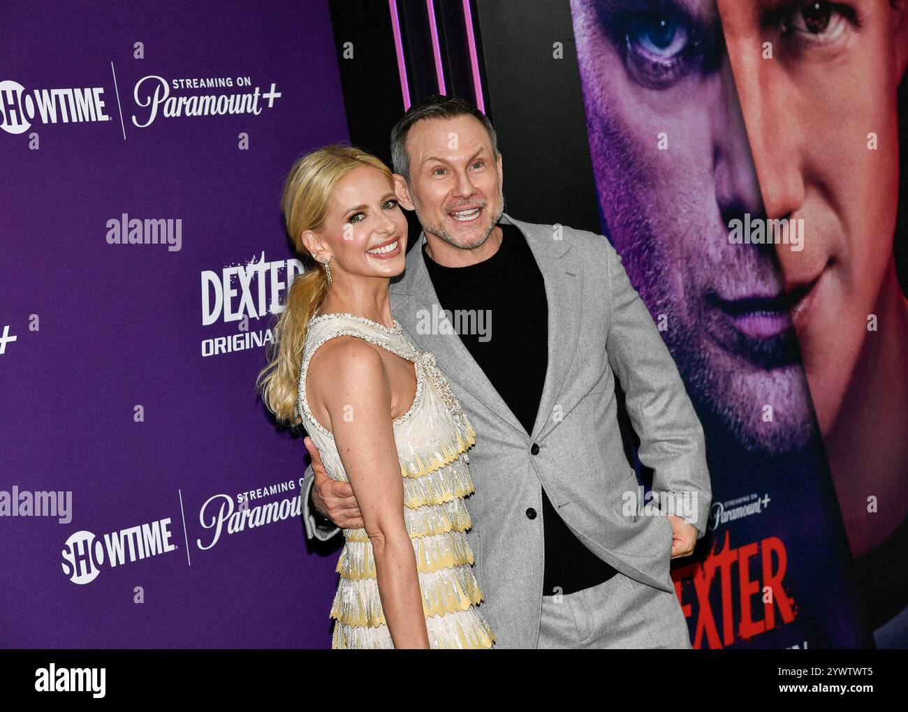 Sarah Michelle Gellar, left, and Christian Slater attend the premiere ...