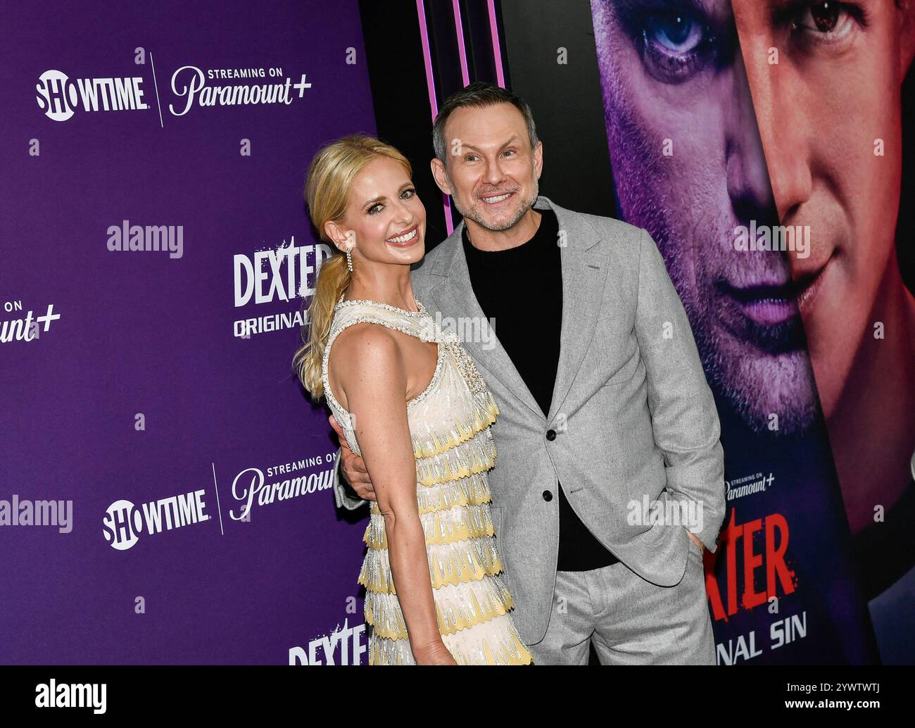 Sarah Michelle Gellar, left, and Christian Slater attend the premiere ...