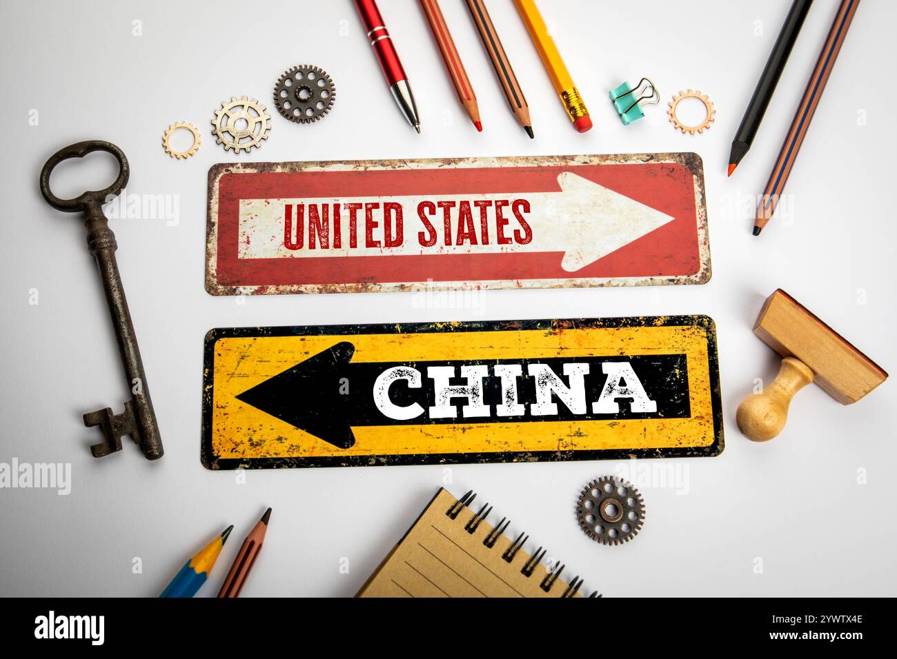 United States against China. Two directional arrows on a white office ...