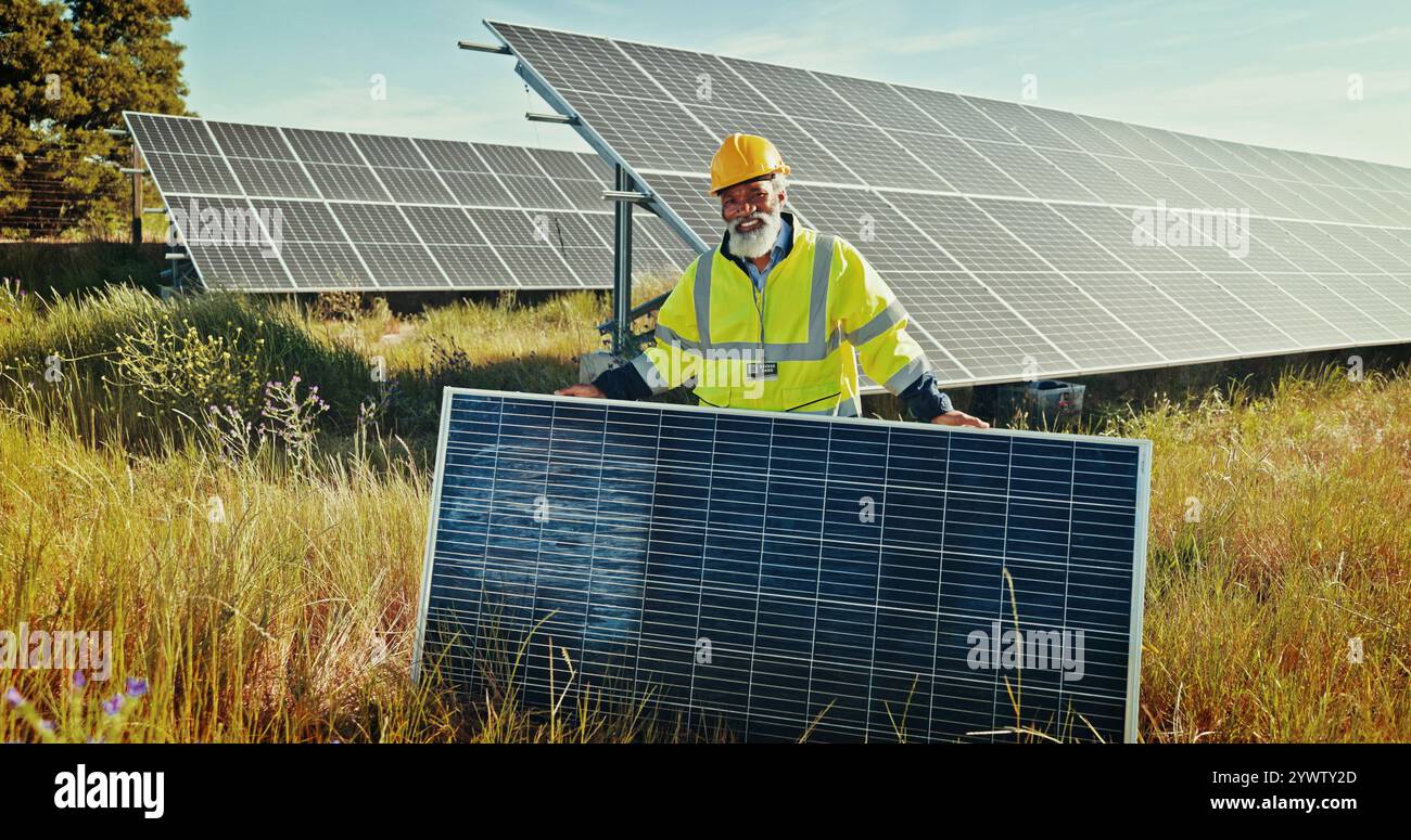 Solar panel, portrait and black man with engineering, eco friendly and ...
