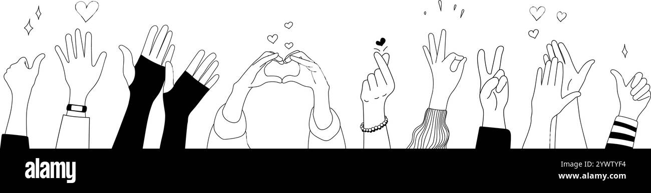 Doodle sketch hands up gestures comic icons silhouettes vector set ...