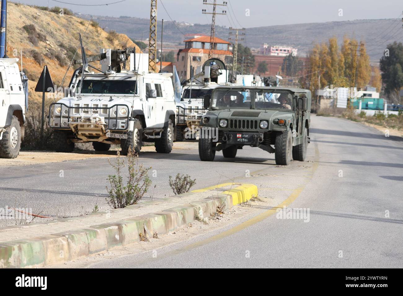 (241212) -- KHIAM, Dec. 12, 2024 (Xinhua) -- Vehicles of Lebanese army ...