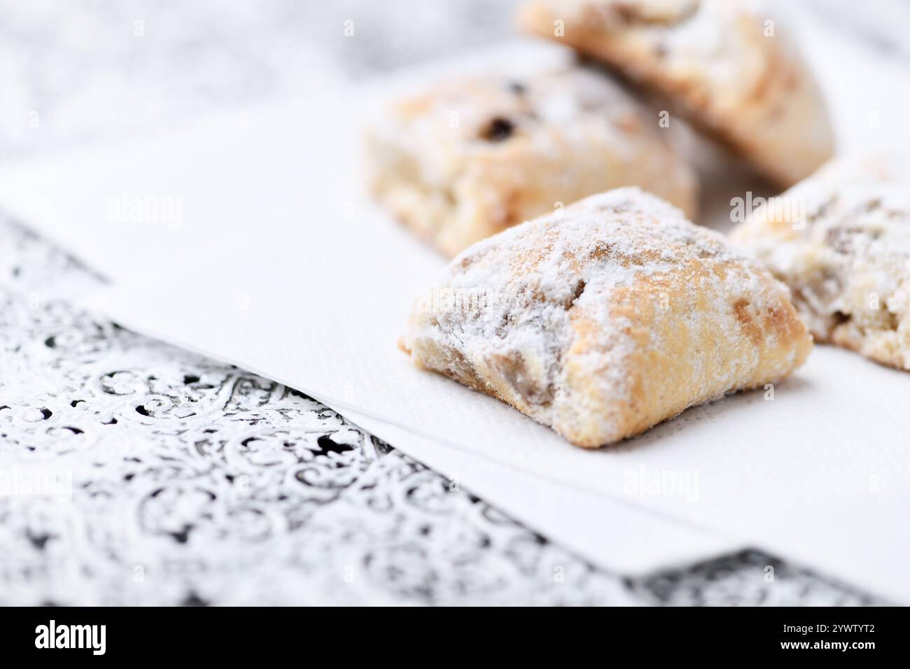 Stollen Bites on bright background. Soft focus. Close up Stock Photo ...