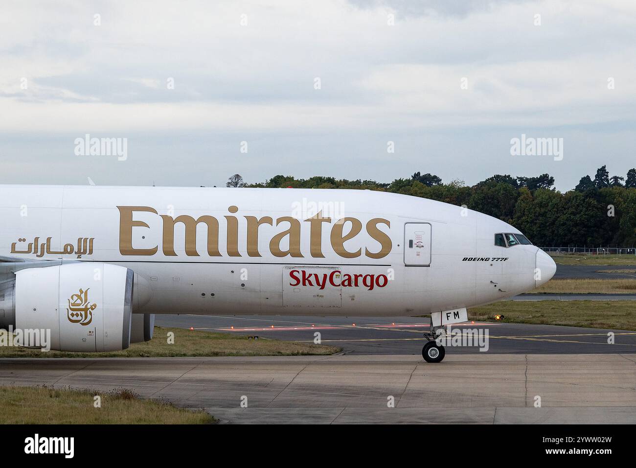 Emirates Cargo Aircraft. Boeing 777 London Stansted. Aircraft is white ...