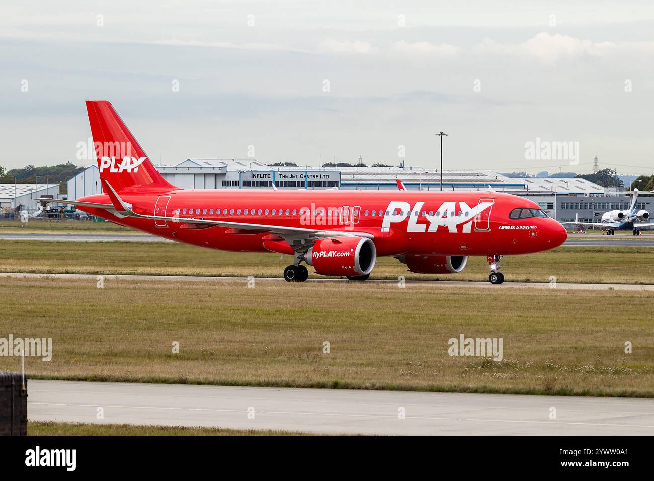 Play airlines at London Stansted. Aircraft in red with Play livery ...