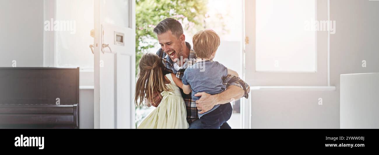 Happy, father and children with hug by door for welcome, greeting and ...