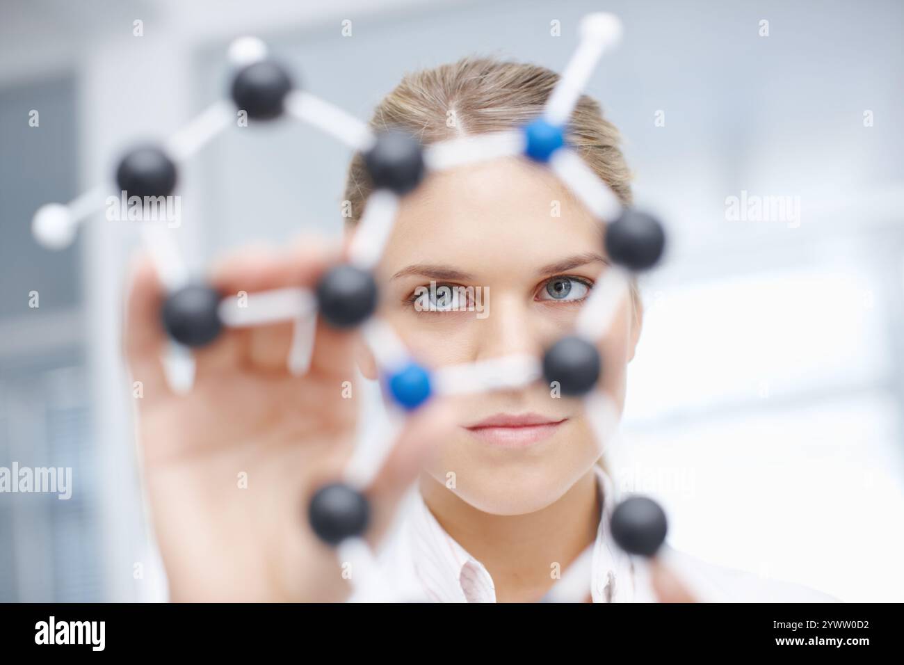 Scientist, laboratory or woman with molecule structure for theory ...