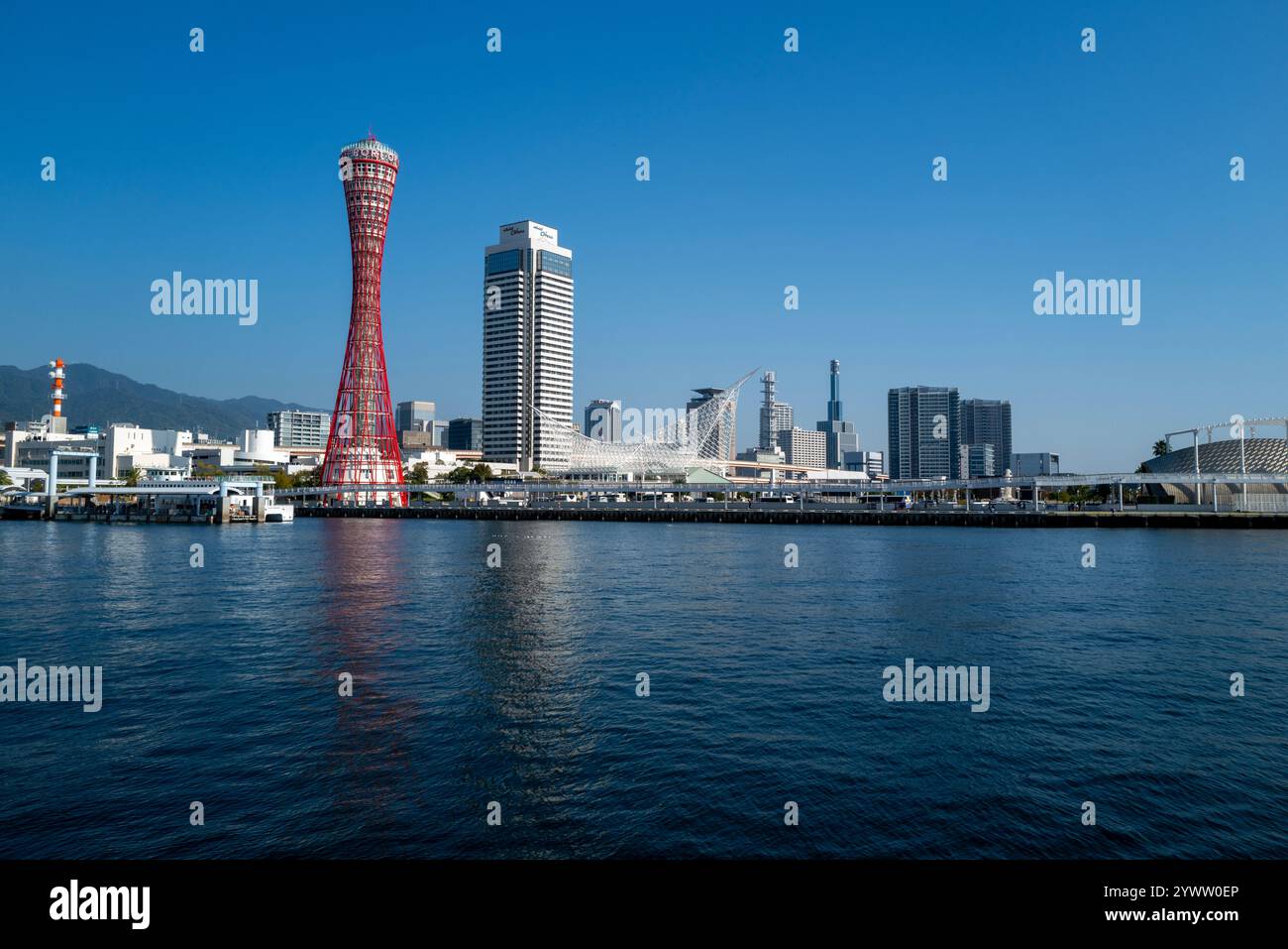 A view of Kobe harbour in Kansai Japan with the famous Red Kobe Port ...