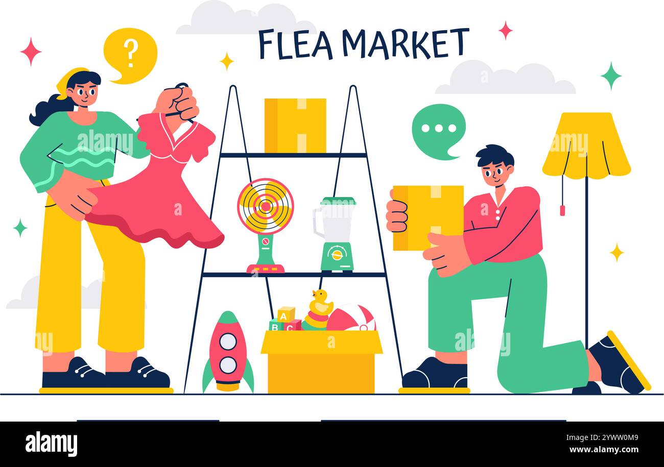 Flea Market Vector Illustration featuring a Second-Hand Shop with ...