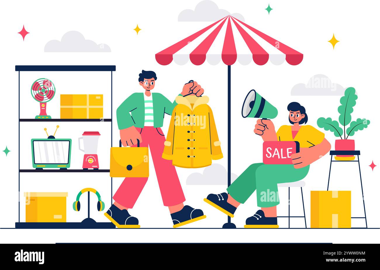 Flea Market Vector Illustration featuring a Second-Hand Shop with ...