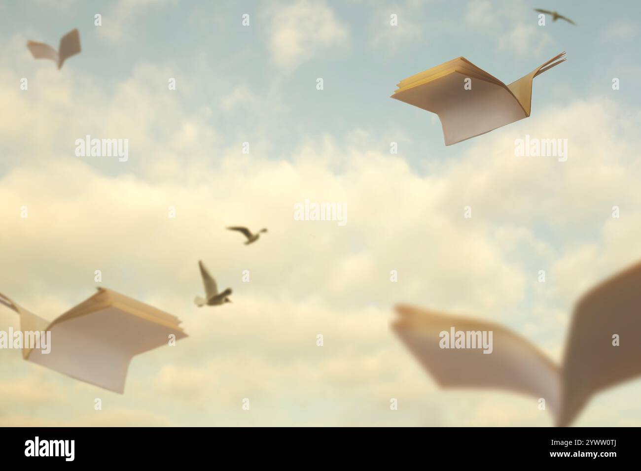 pages of a book in the shape of bird wings fly in the sky, concept of ...