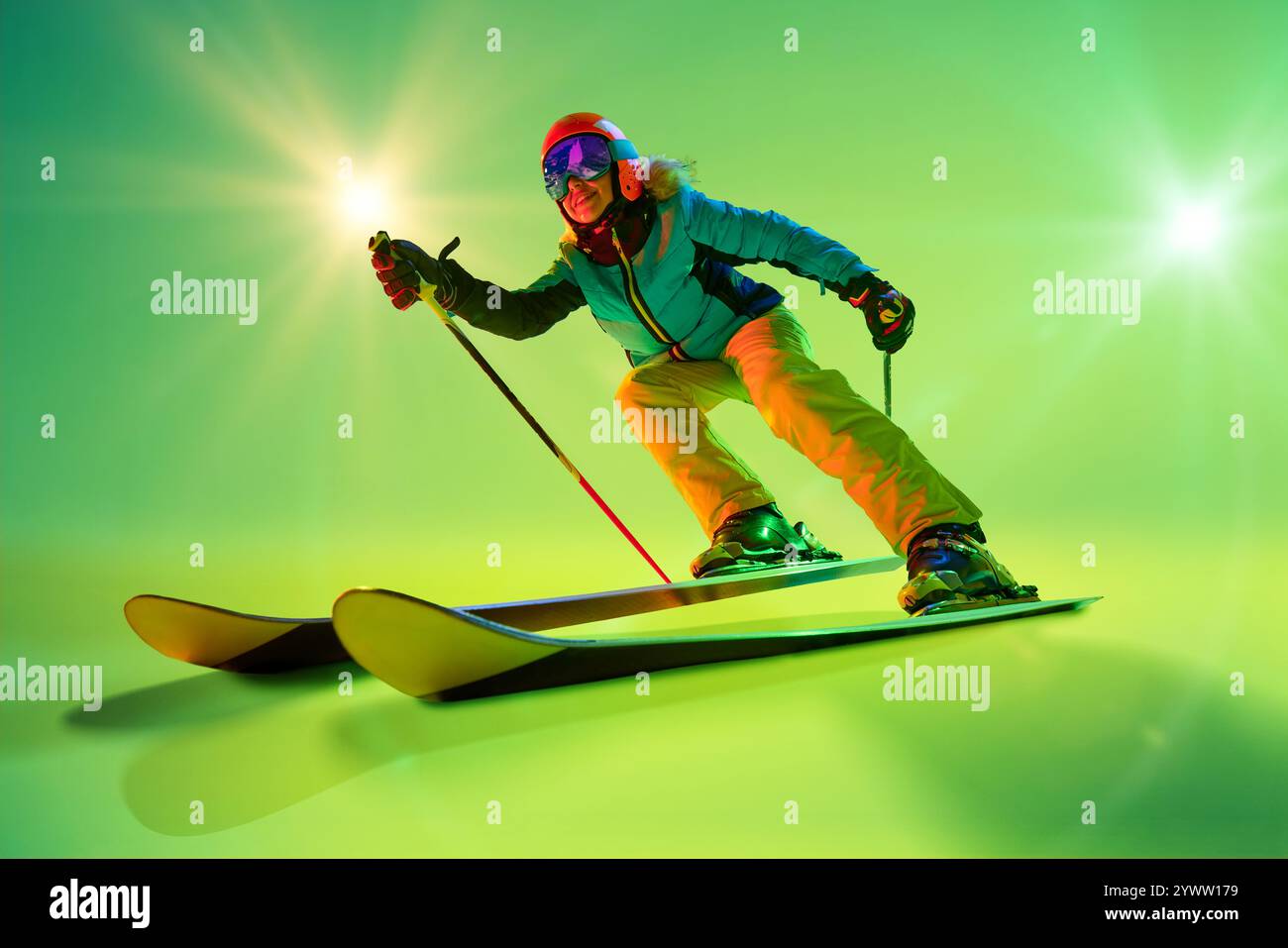 Side view, low angle of athletic woman, skier gliding forward against ...