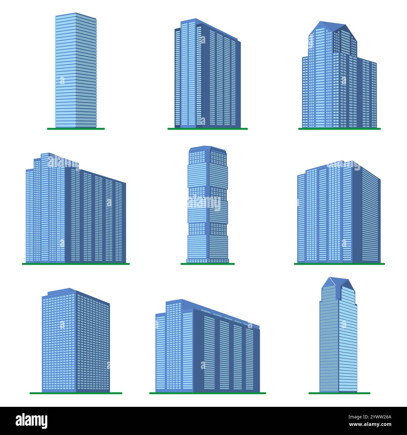 Set of nine modern high-rise building on a white background. View of ...